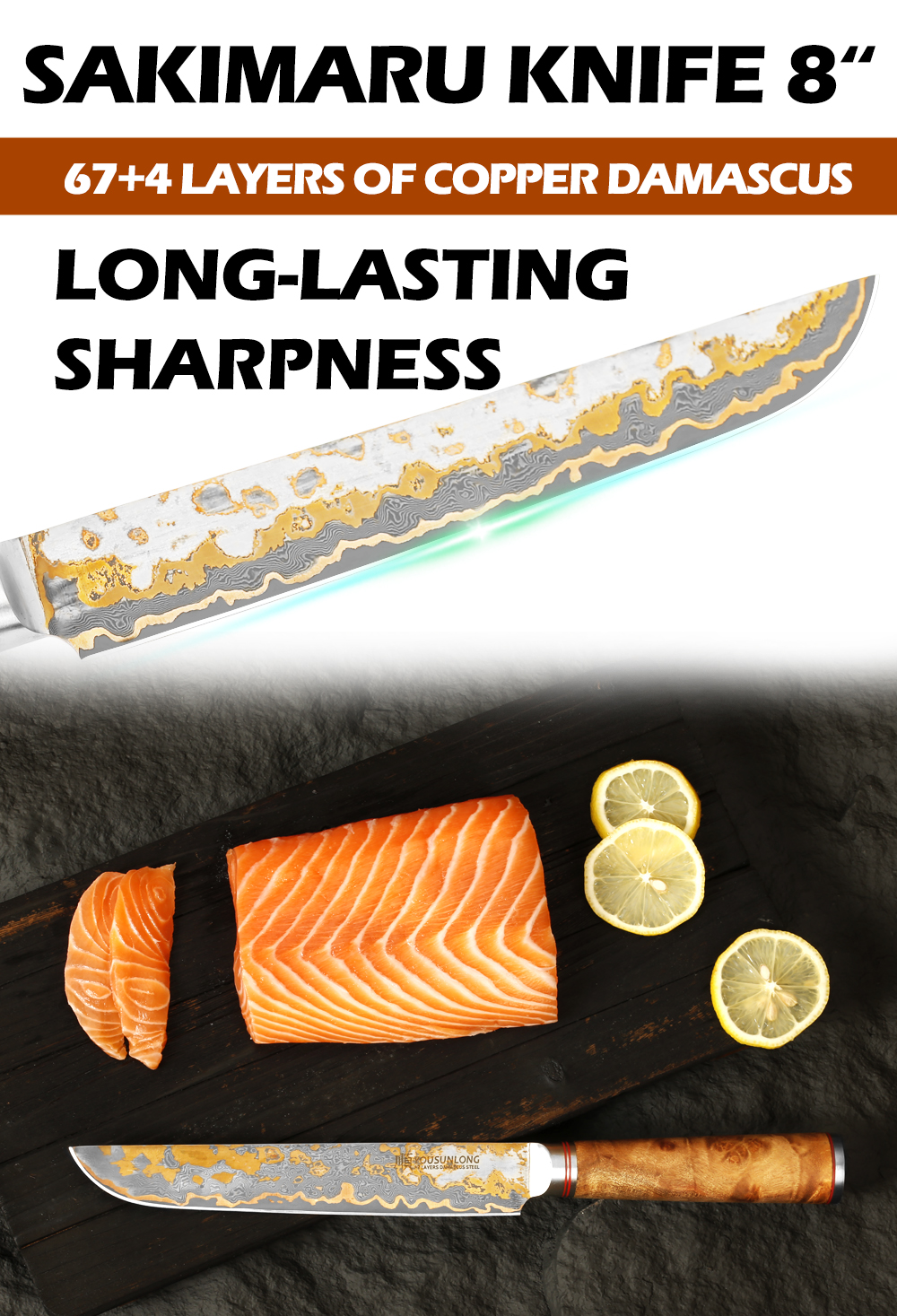 Copper Damascus steel Sakimaru Knife - YOUSUNLONG